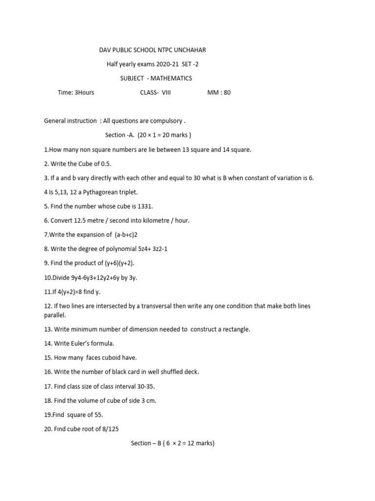 Class - 8 Maths Set 2 by SBS | PDF | Elementary Mathematics | Mathematics