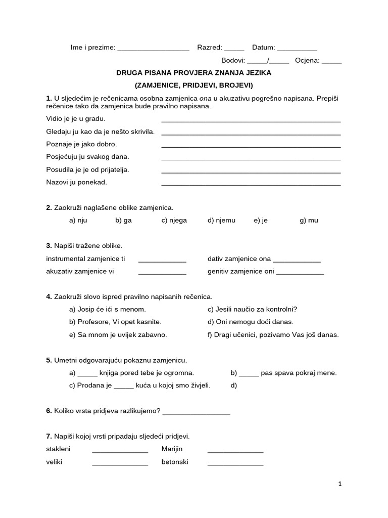 Pisana Provjera Znanja Jezika (Zamjenice, Pridjevi, Brojevi) | PDF