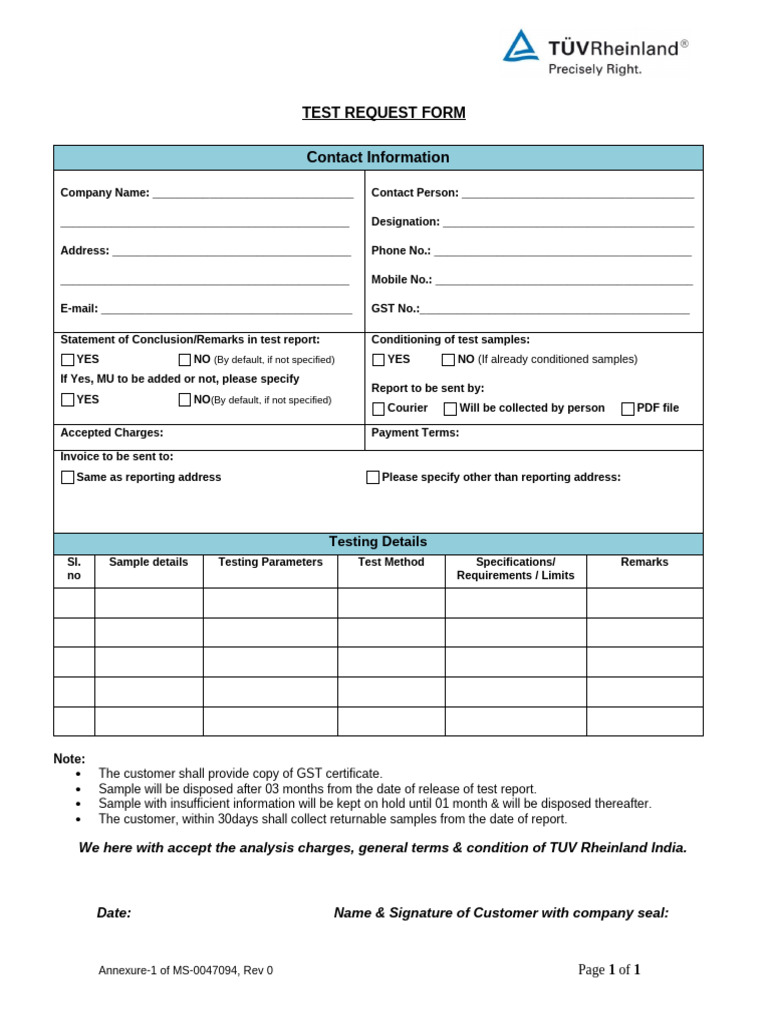 Annex-1 TEST REQUEST FORM - MTL | PDF