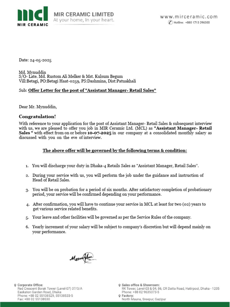 Assistant Manager Retail Sales Offer Letter | PDF | Identity Document