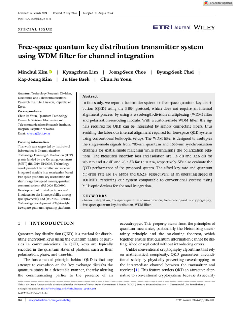 ETRI Journal - 2024 - Kim - Free Space Quantum Key Distribution Transmitter System Using WDM ...