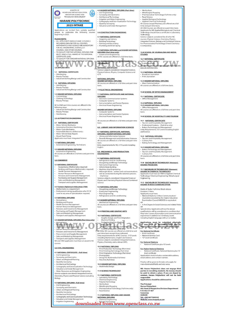 Harare Poly 2025 Intake | PDF