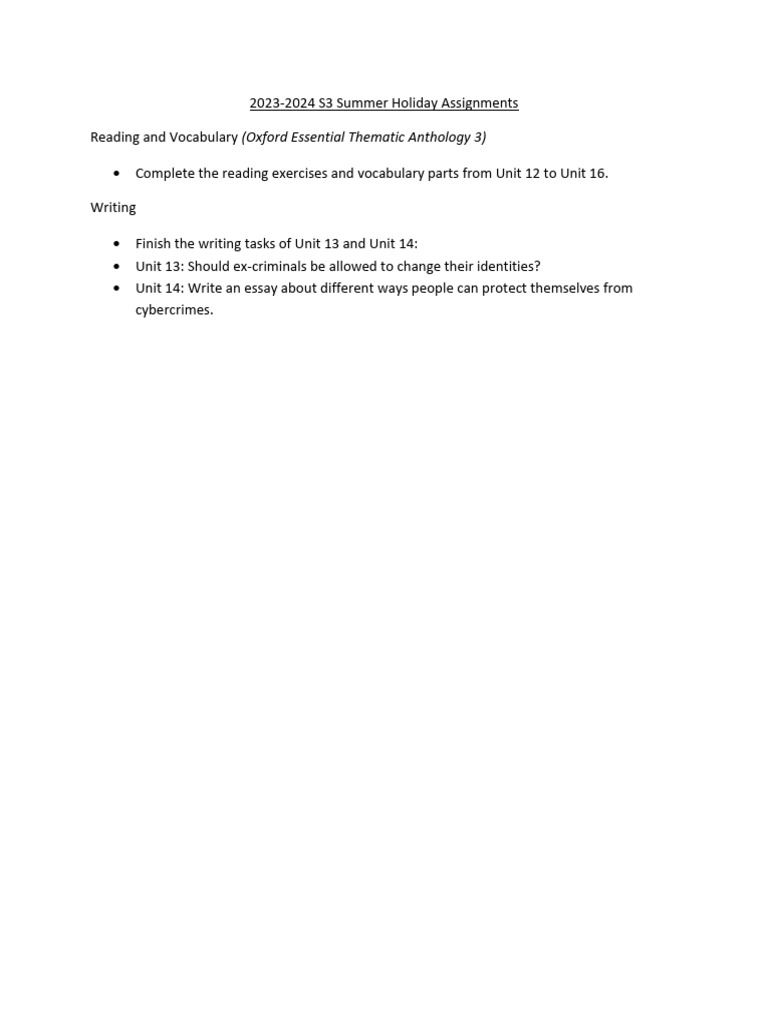 S3 Summer Holiday Assignments 23-24 | PDF