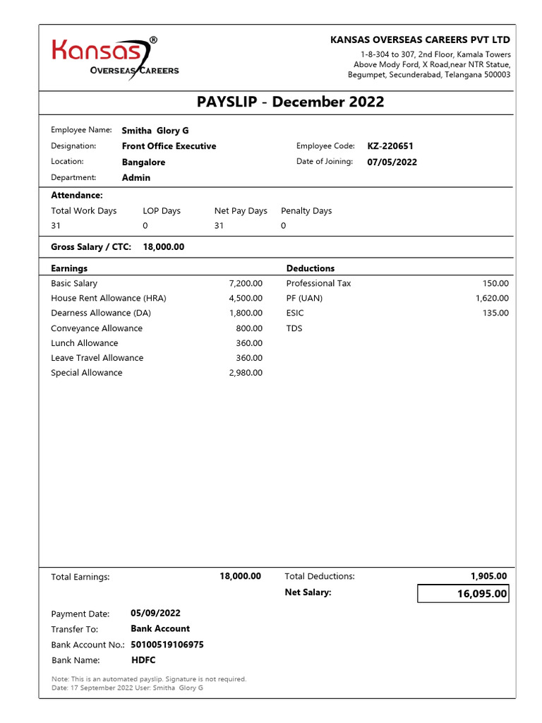 Payslip 2022 12 KZ 220651 Smitha Glory G | PDF