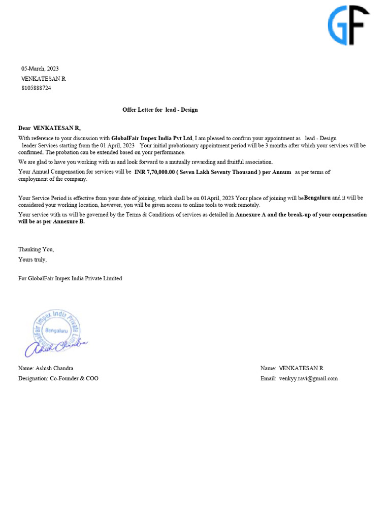 Offer Letter From GF Impex | PDF | Trade Secret | Confidentiality