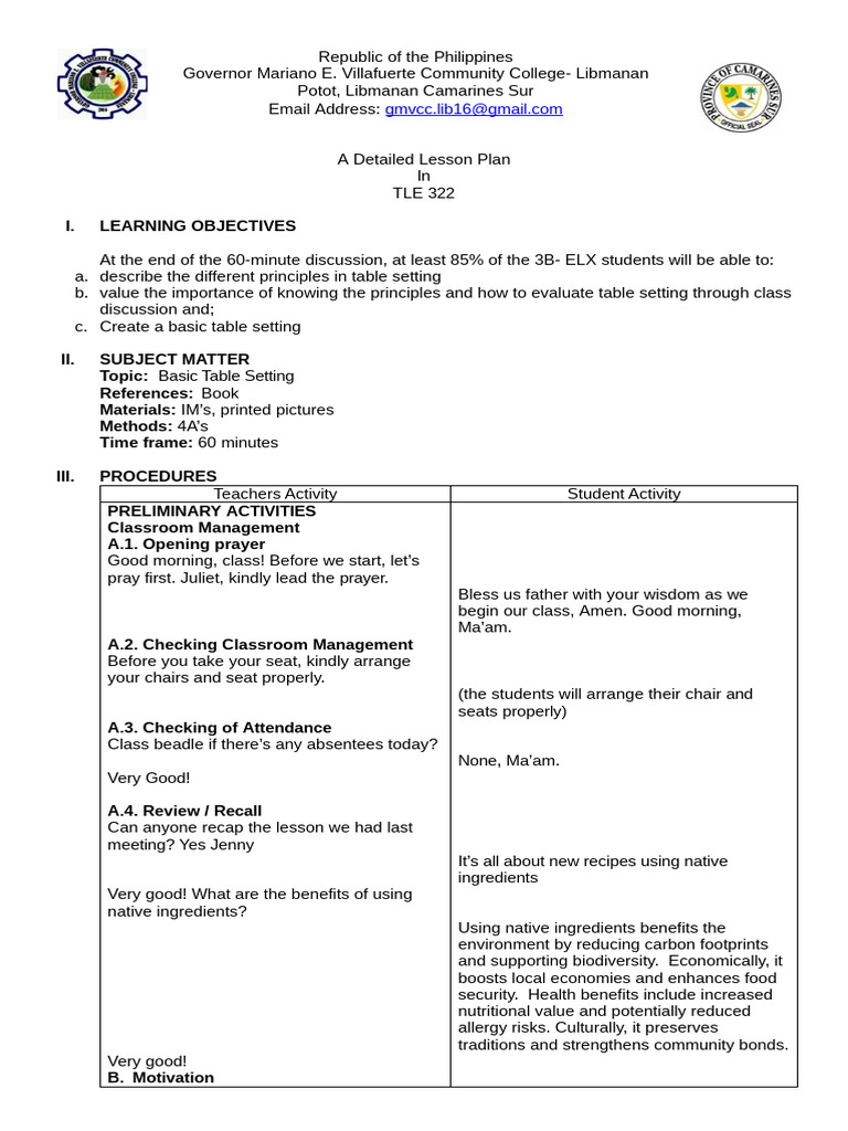 Basic Table Setting Lesson Plan | PDF | Tableware | Domestic Implements