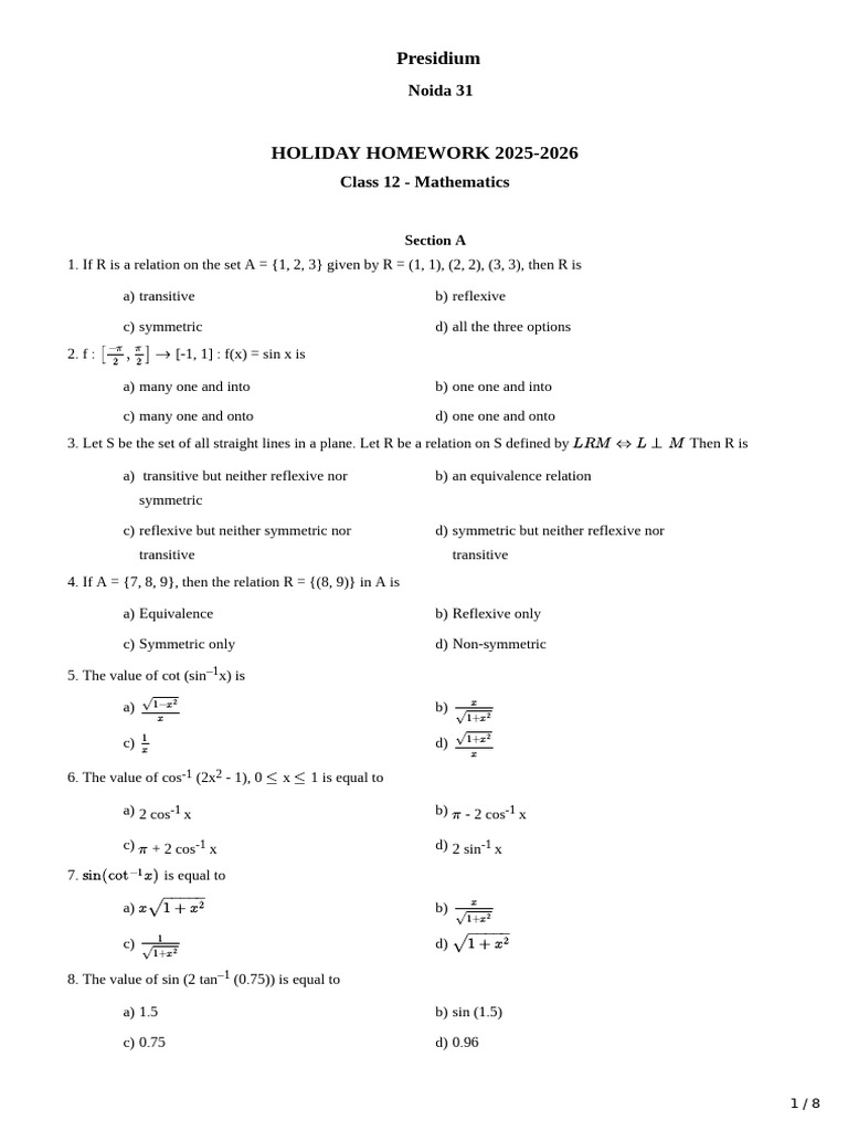 Class 12 Mathematics Holiday Homework | PDF | Function (Mathematics ...