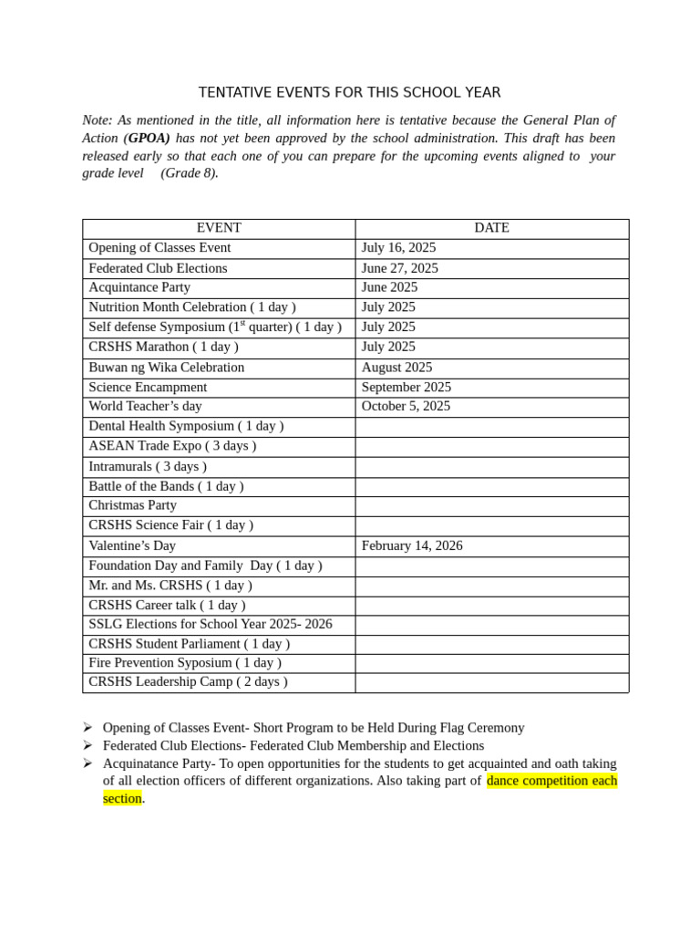 Tentative Events For This School Year | PDF