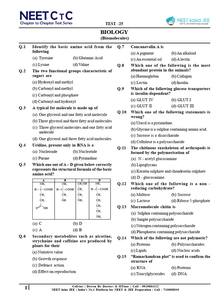 Test 25 Biomolecule (Biology) 20092024CTC Test 2025 | PDF ...