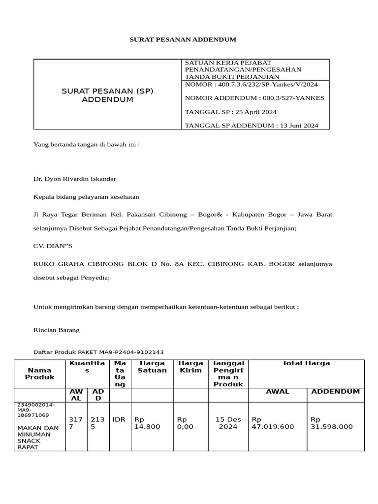 Surat Pesanan Addendum | PDF