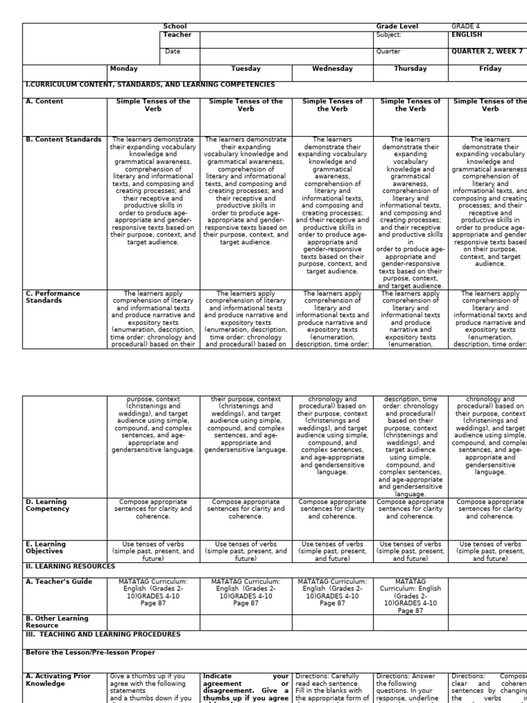 Grade 4-q2w7 (Matatag DLL) - English | PDF | Grammatical Tense | Reading Comprehension