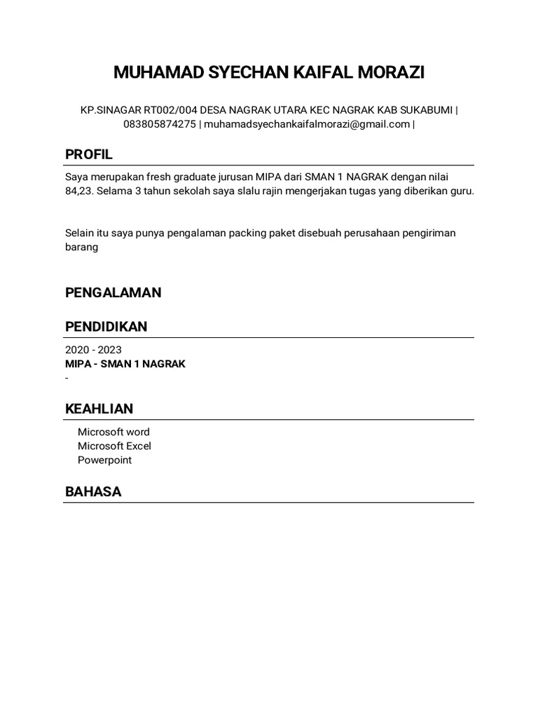 Cv Ats Muhamad Syechan Kaifal Morazi | PDF