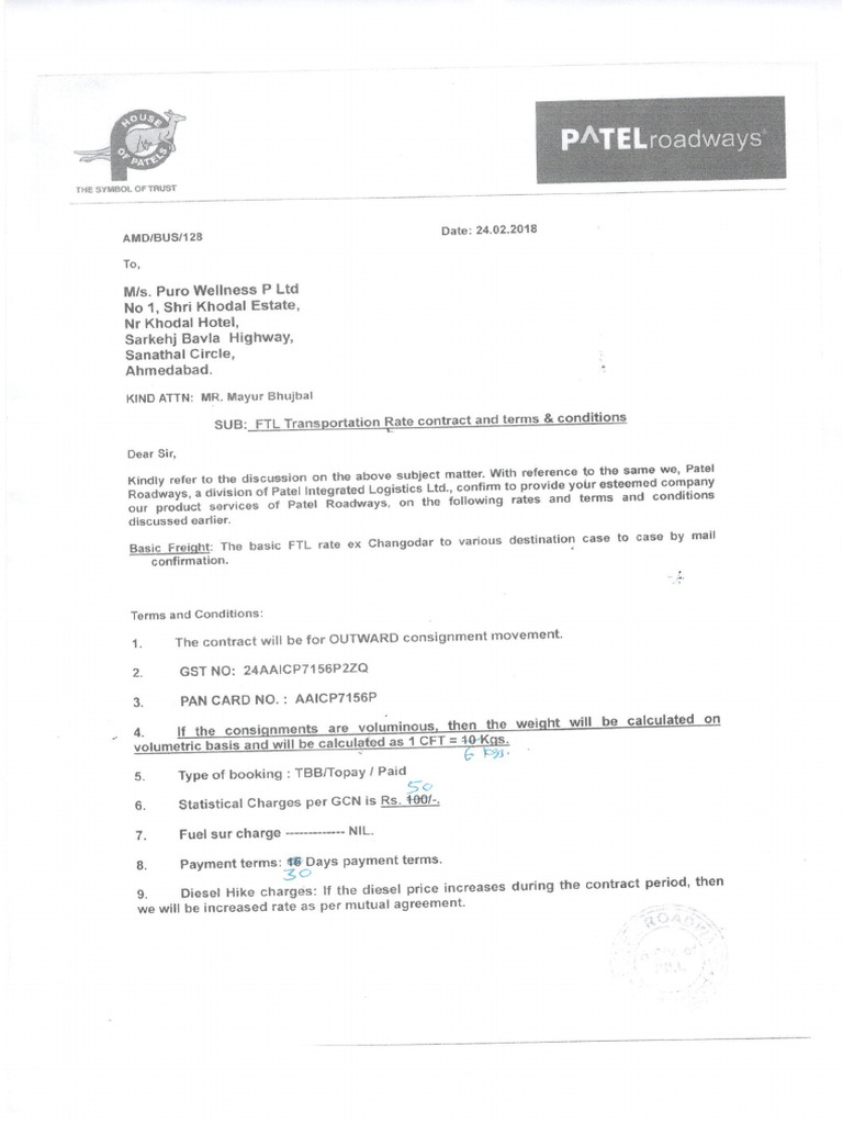 Patel Roadways Contract | PDF