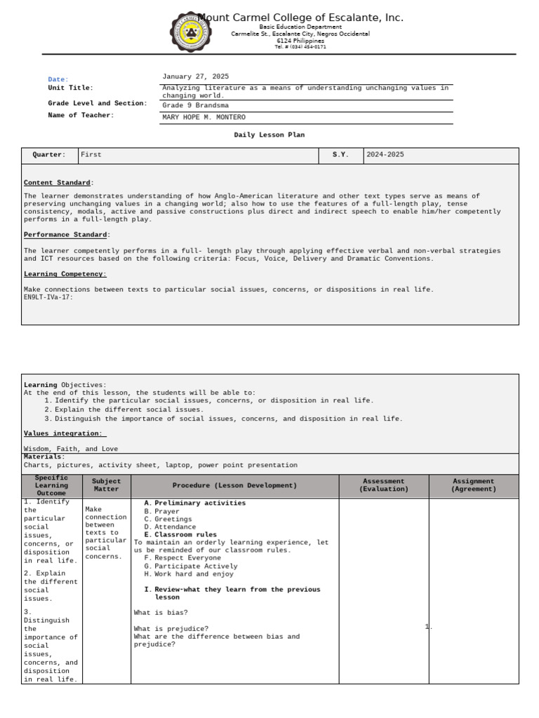 Lesson Plan English 9 Brandsma Final | PDF | Homelessness | Mental Health