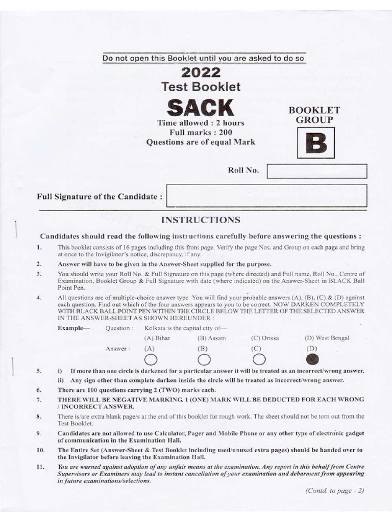 Answer Key 2022 Test Booklet Sack B | PDF