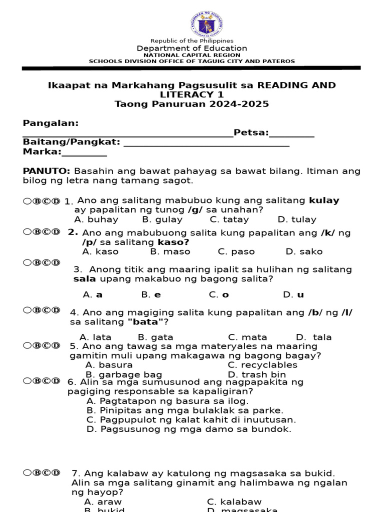 Q4 Ikaapat Na Markahang Pagsusulit Sa READING 1 | PDF
