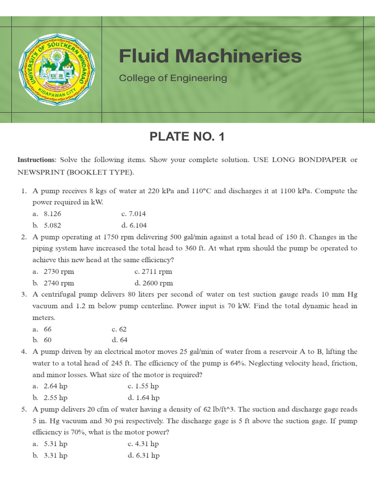 Fluid Machineries Plate No. 1 | PDF | Pump | Pressure