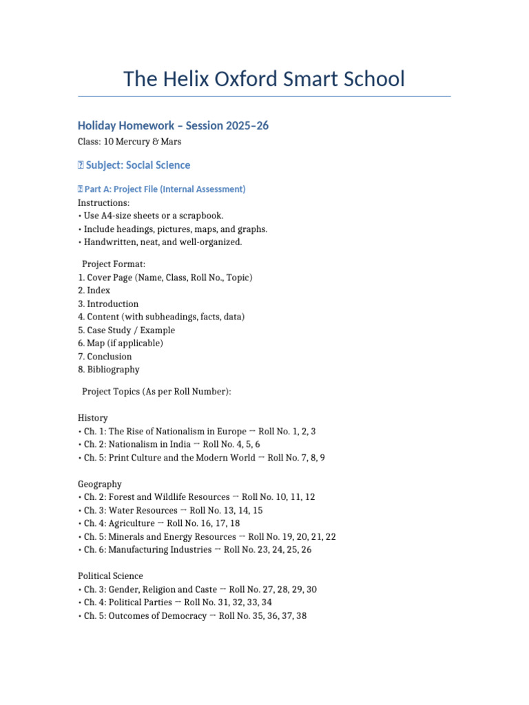 Class 10 Holiday Homework 2025-26 | PDF