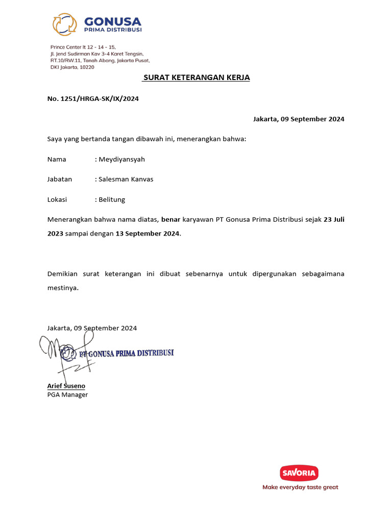 Surat Keterangan Kerja - Meydiyansyah Terbaru | PDF