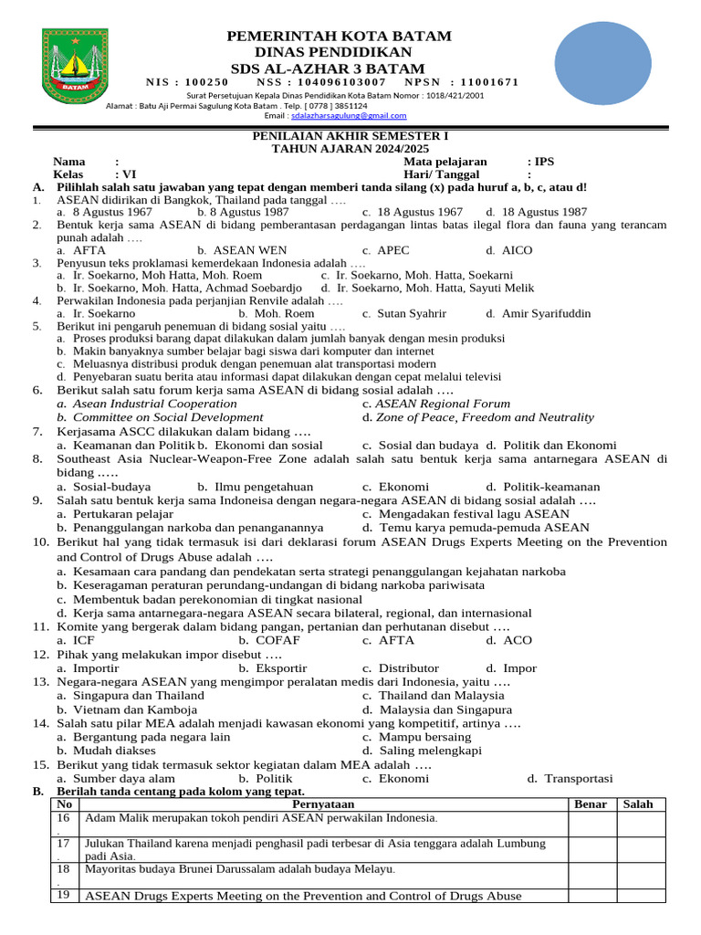 Soal Pas Ips Kelas Vi 2425 | PDF