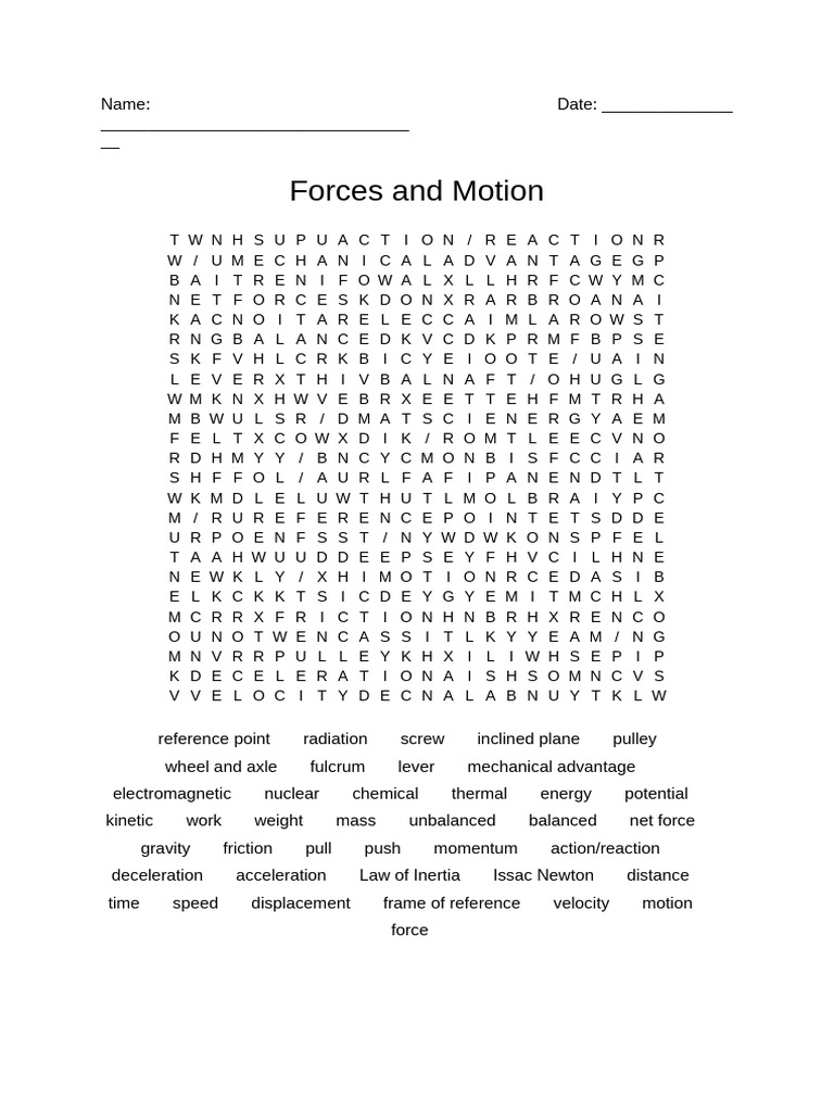 Motion Word Search Activity | PDF | Force | Quantity