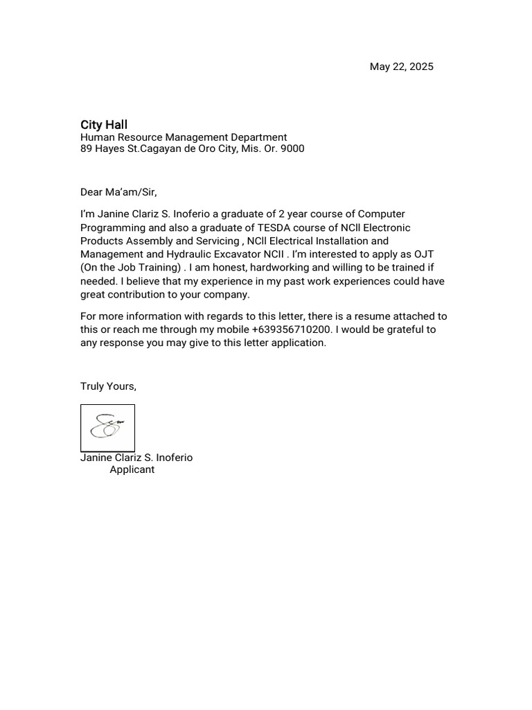 Application Letter - Inoferio, Janine Clariz | PDF