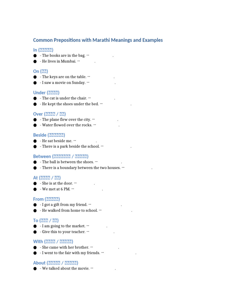Prepositions With Marathi Examples Updated | PDF