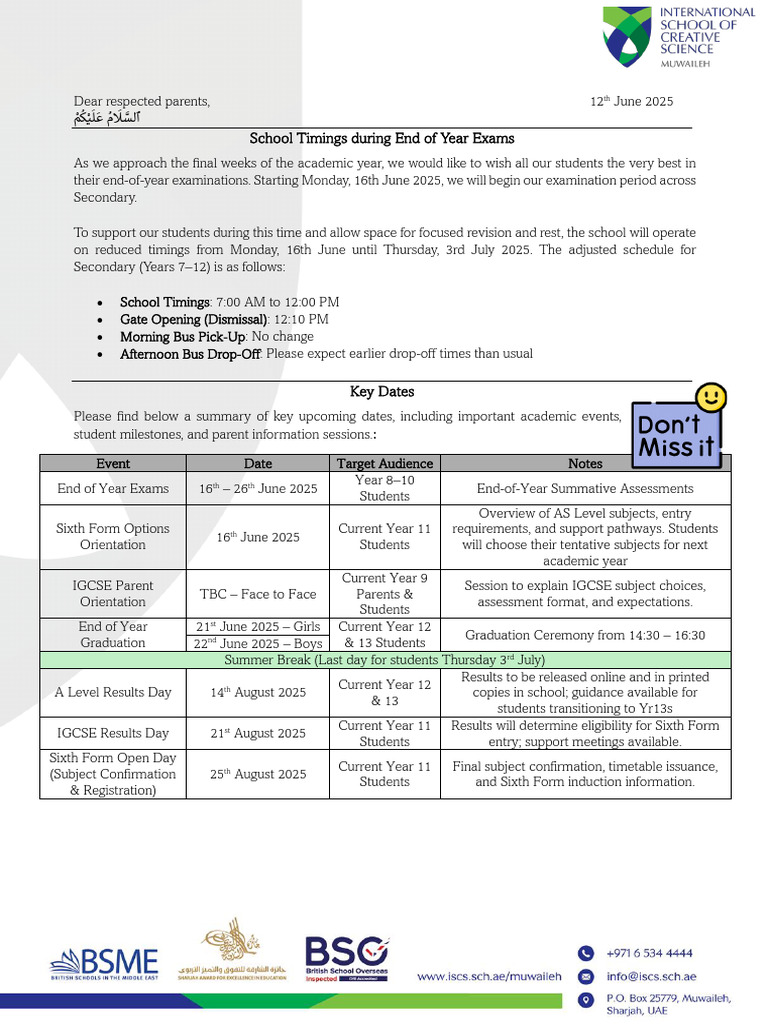 Secondary HOS Letter - 12th June 2025 | PDF | Educational Stages