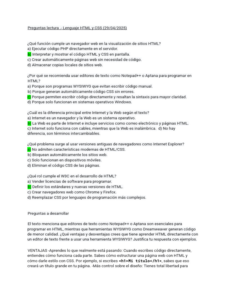 Preguntas Lectura HTML y CSS | PDF | HTML | Red mundial