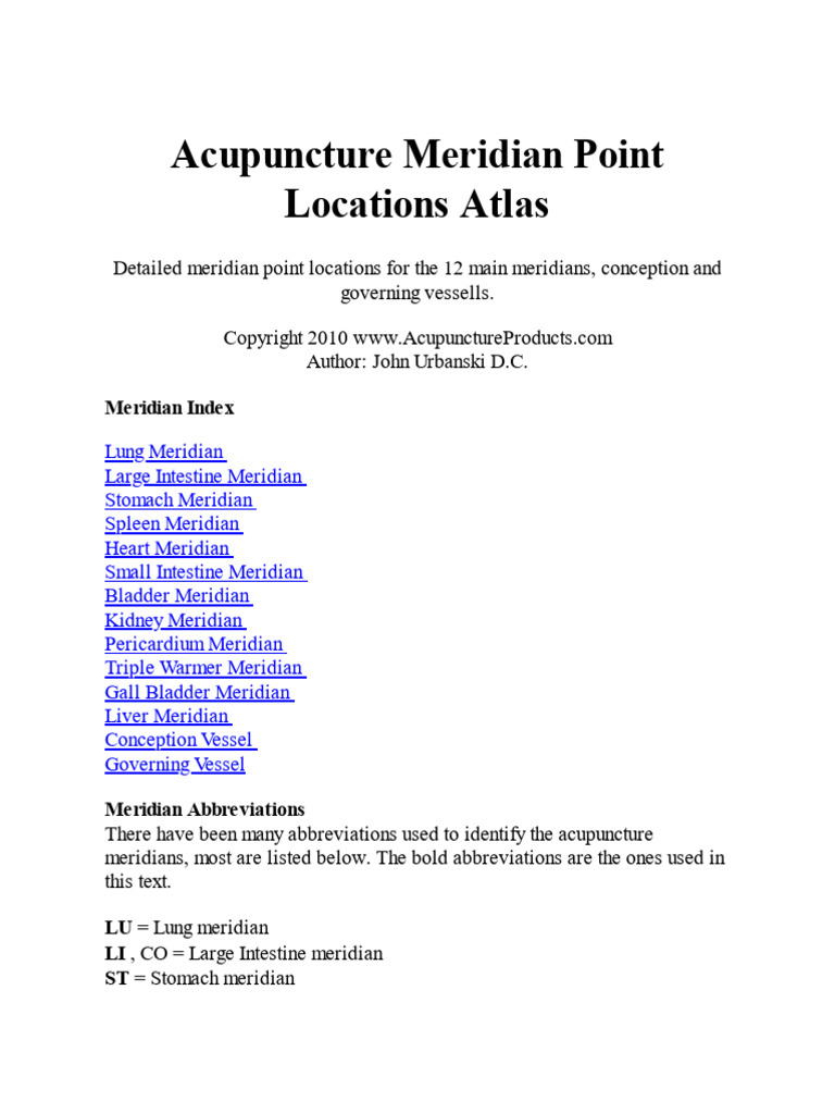 Acupuncture Meridian Locations Atlas | PDF