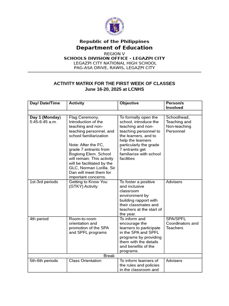 Activity Matrix For The First Week of Classes | PDF | Teachers ...
