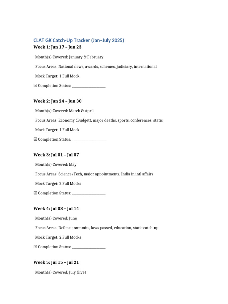 CLAT GK Catchup Tracker Jan July 2025 | PDF