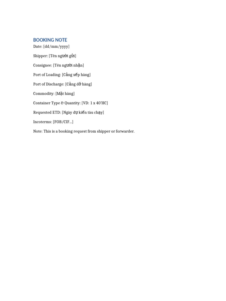 Booking Note Sample | PDF