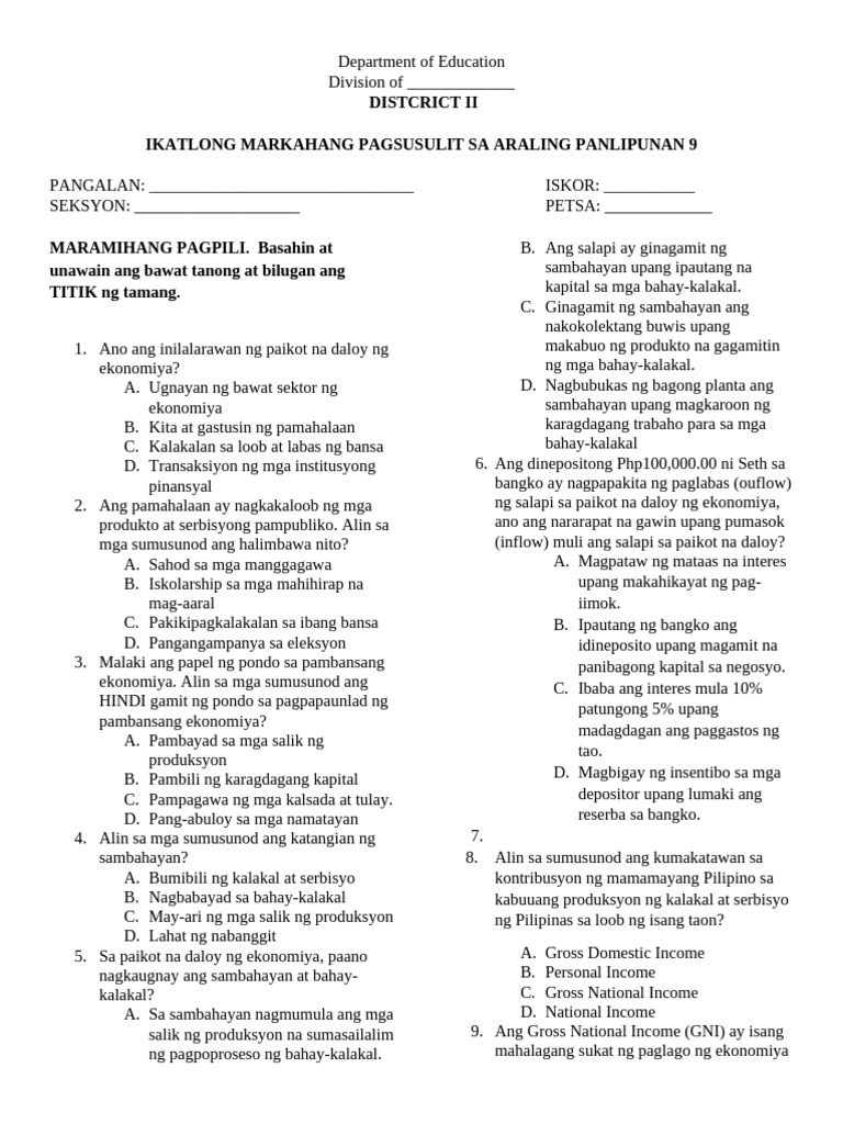 Grade 9 AP EKONOMIKS 3RD QUARTER | PDF