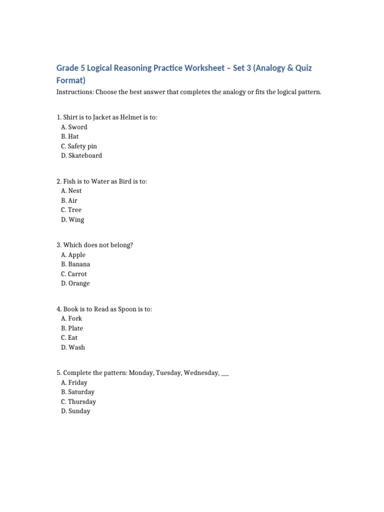 Grade 5 Logical Reasoning Worksheet | PDF