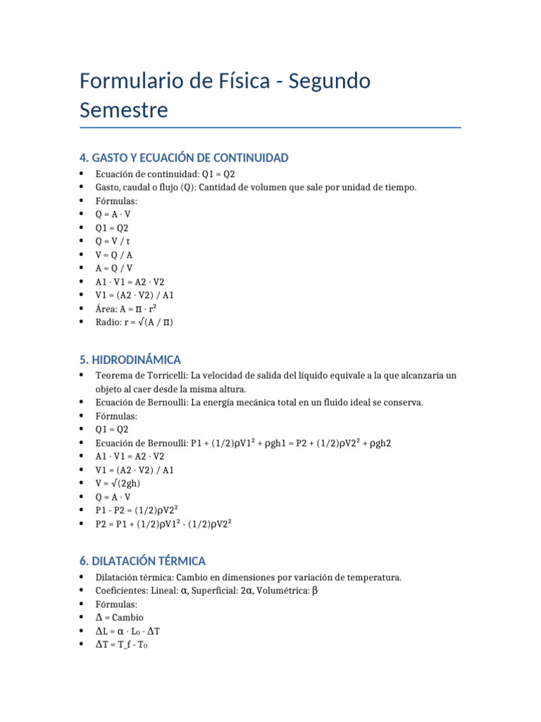 Formulario Fisica Segundo Semestre | PDF