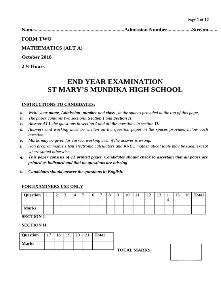 Math Form 2 End Year Exam 2018 - Pierre | PDF