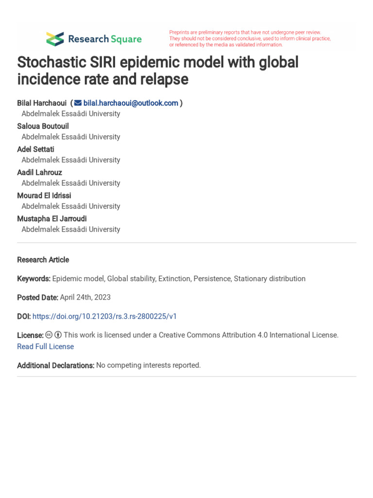 Stochastic SIRI Epidemic Model With Global Inciden | PDF | Nonlinear ...
