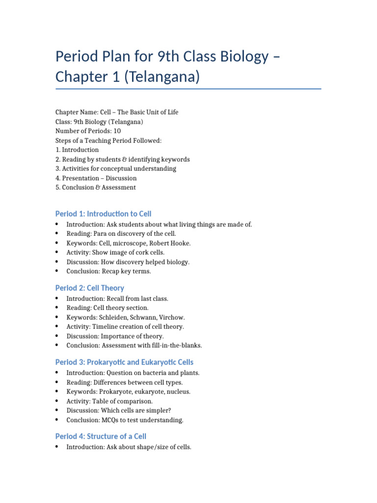 9th Biology Chapter1 Period Plan | PDF | Cell (Biology) | Organelle