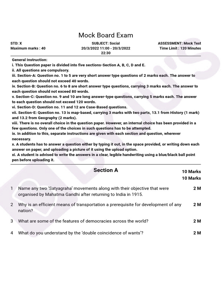 CBSE Class 10 Social Science Sample Mock Paper Term 2 Exam 2021 22 | PDF