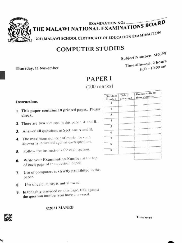 Computer Studies Maneb Paper Msce 2021 | PDF