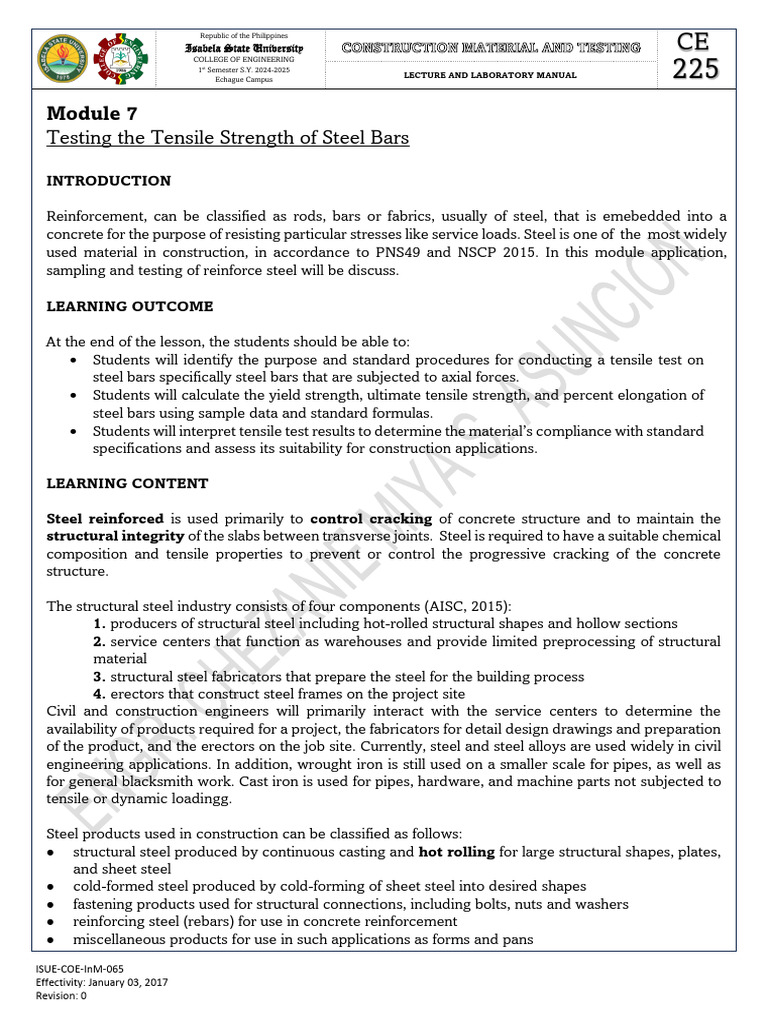 Tensile Strength Testing of Steel Bars | PDF | Strength Of Materials ...