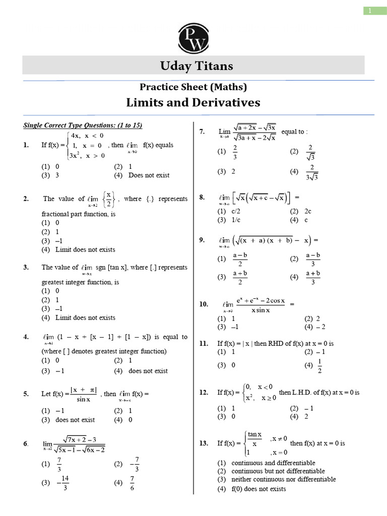 Limits and Derivatives - Practice Sheet - Uday Titans | PDF | Function ...