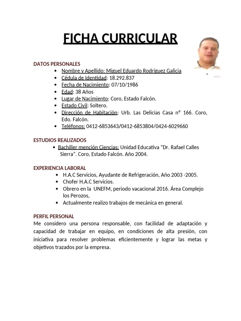 Ficha Curricular y Cedula Miguel Rodriguez | PDF