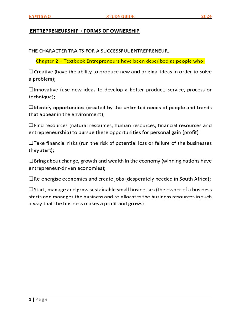 Entrepreneurship and Business Ownership Guide | PDF | Partnership ...