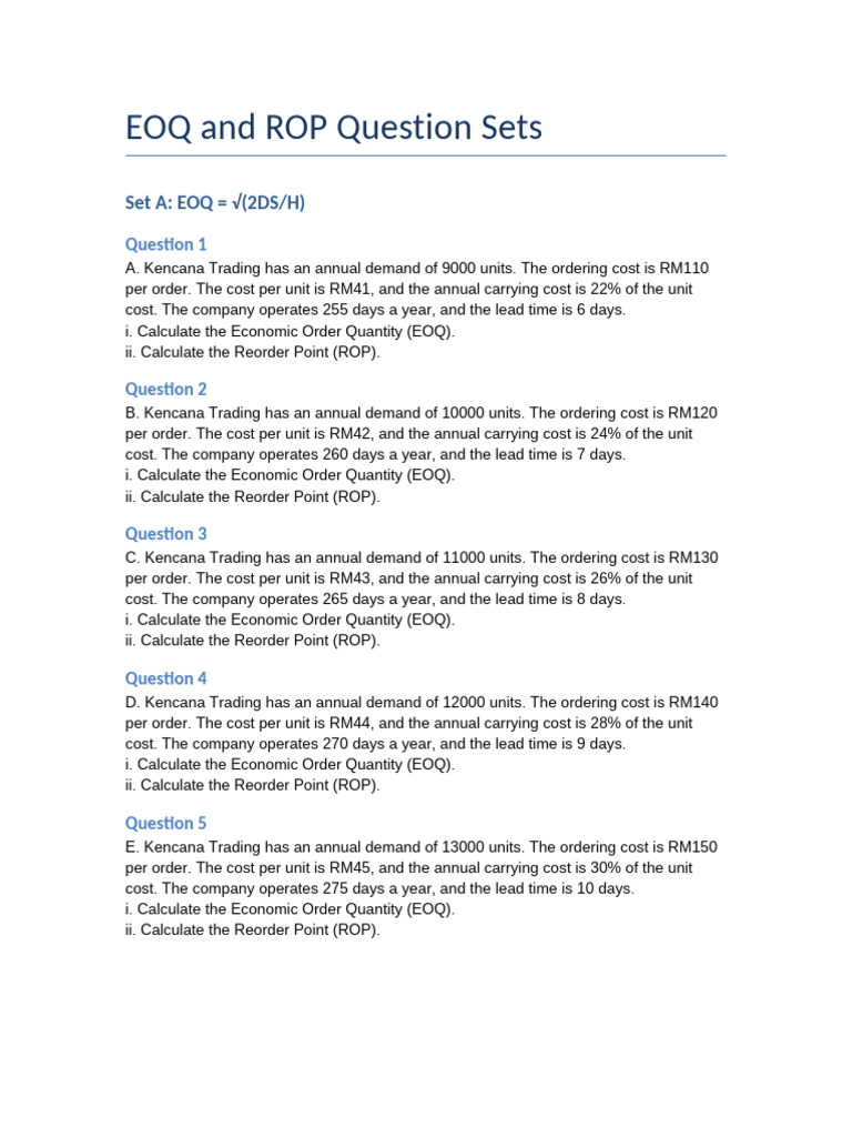 EOQ and ROP Question Sets | PDF | Industrial Engineering | Operations ...