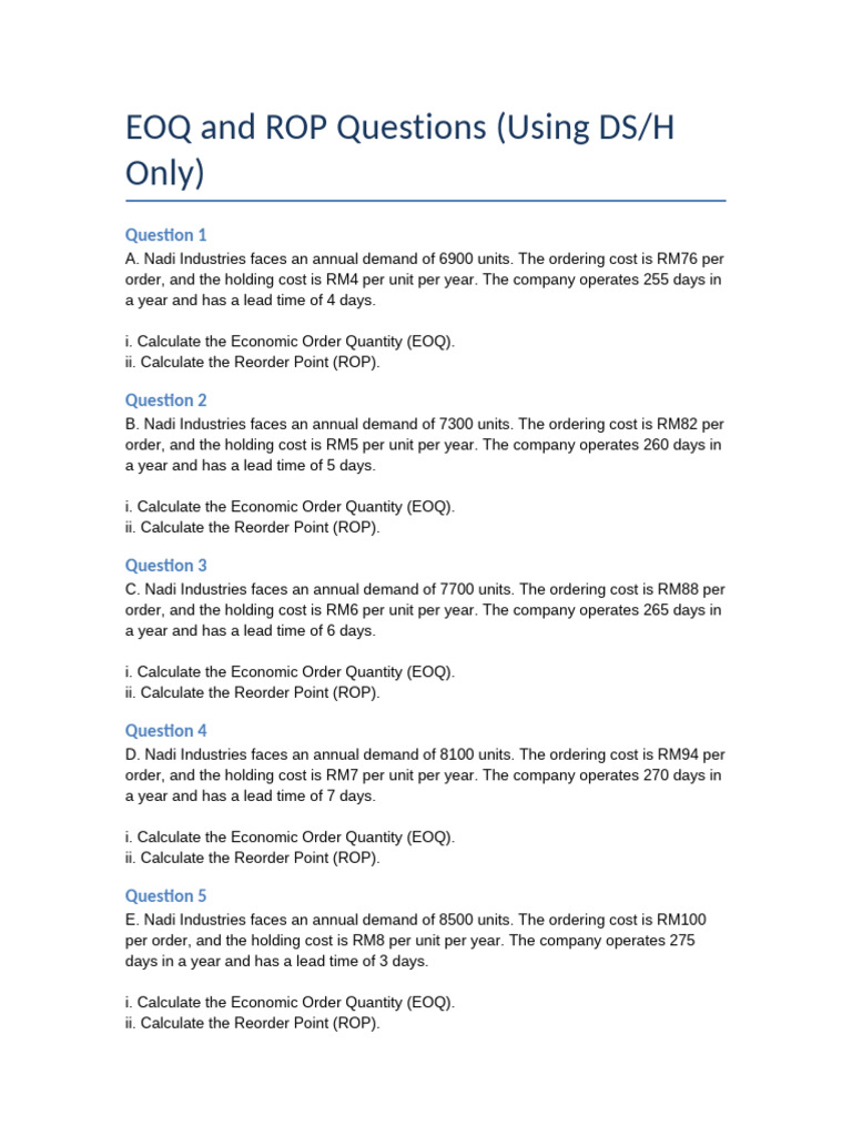 EOQ and ROP Questions DS H Only v2 | PDF | Industrial Engineering ...
