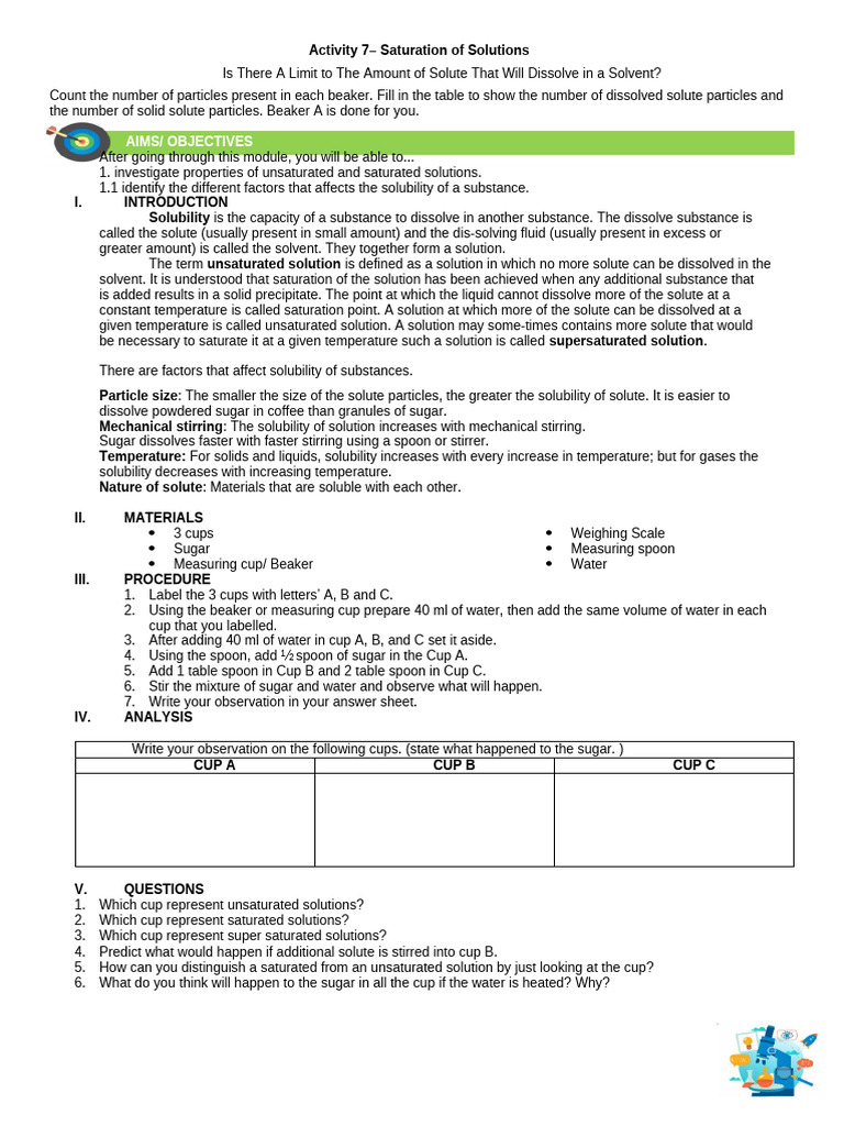 Lesson Plan: Saturated Solutions Activity | PDF | Solubility | Chemistry