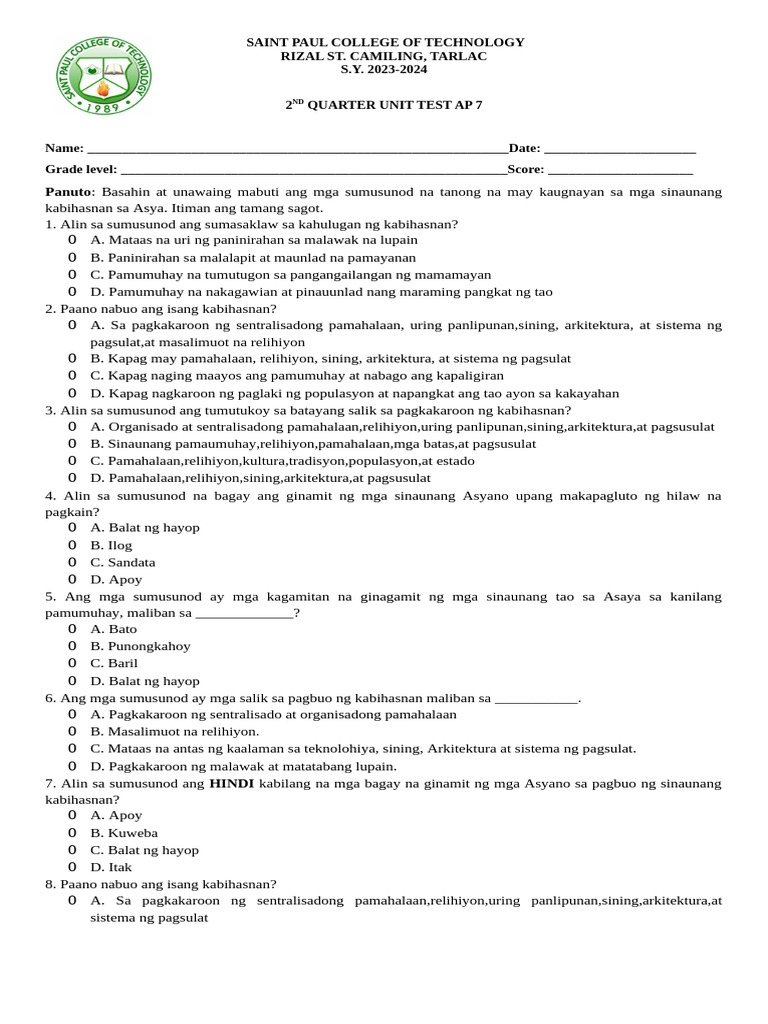 Q2 Unit Test Ap 7 | PDF
