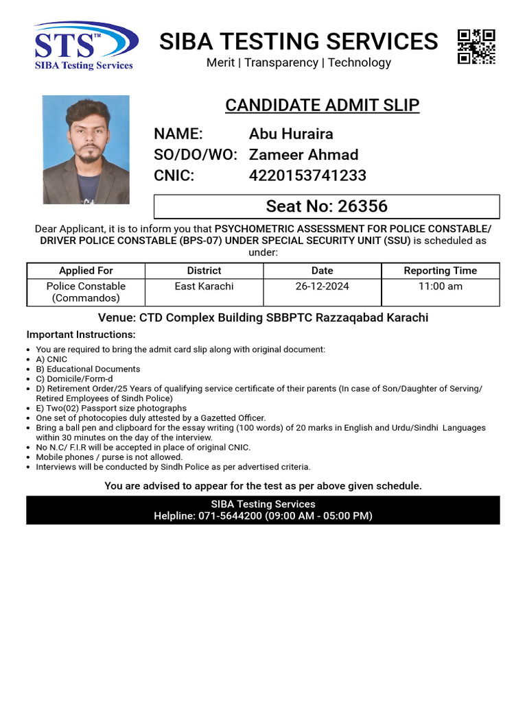 Siba Testing Services: Candidate Admit Slip | PDF